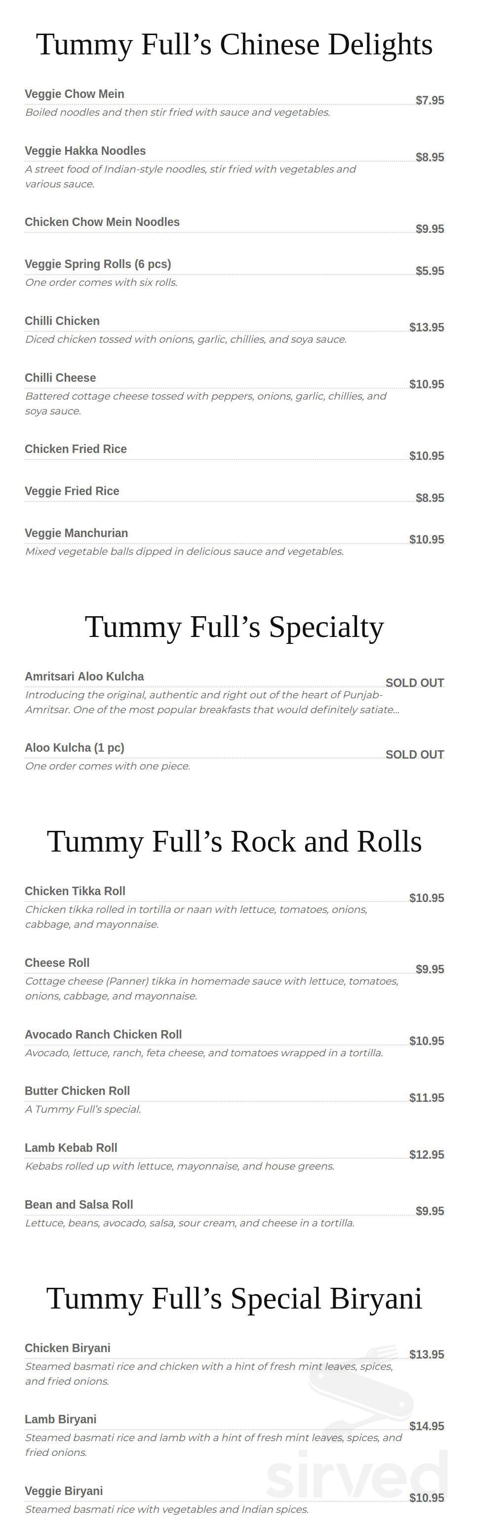 Tummy Full Authentic Indian & Fusion Restaurant menu in Fort ...