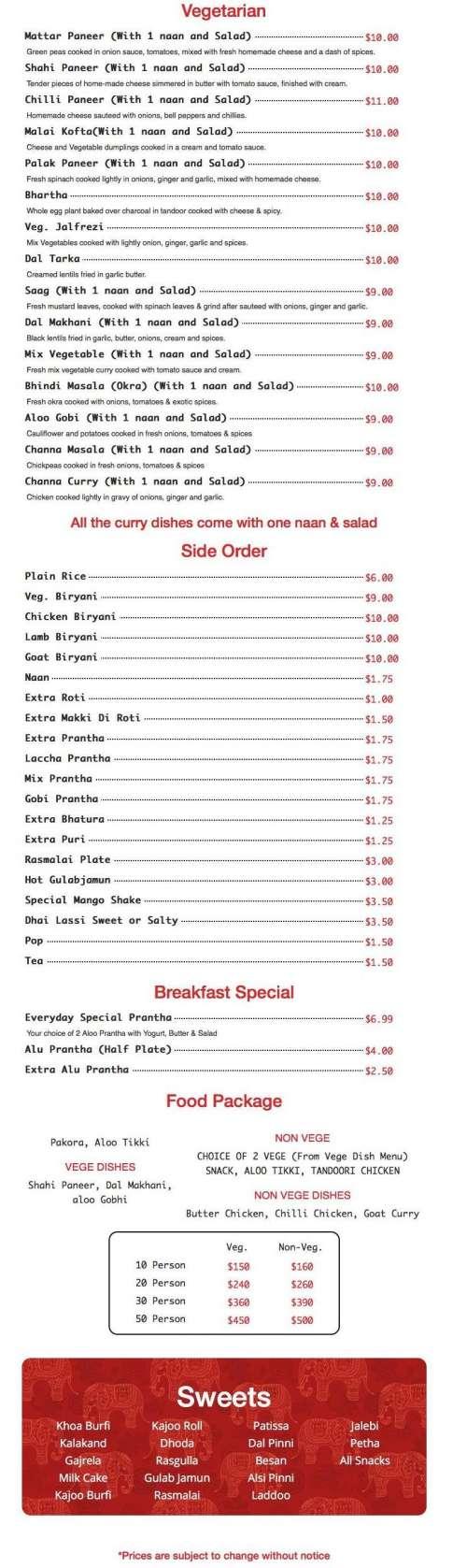 Agra Sweets menu in Burnaby, British Columbia, Canada