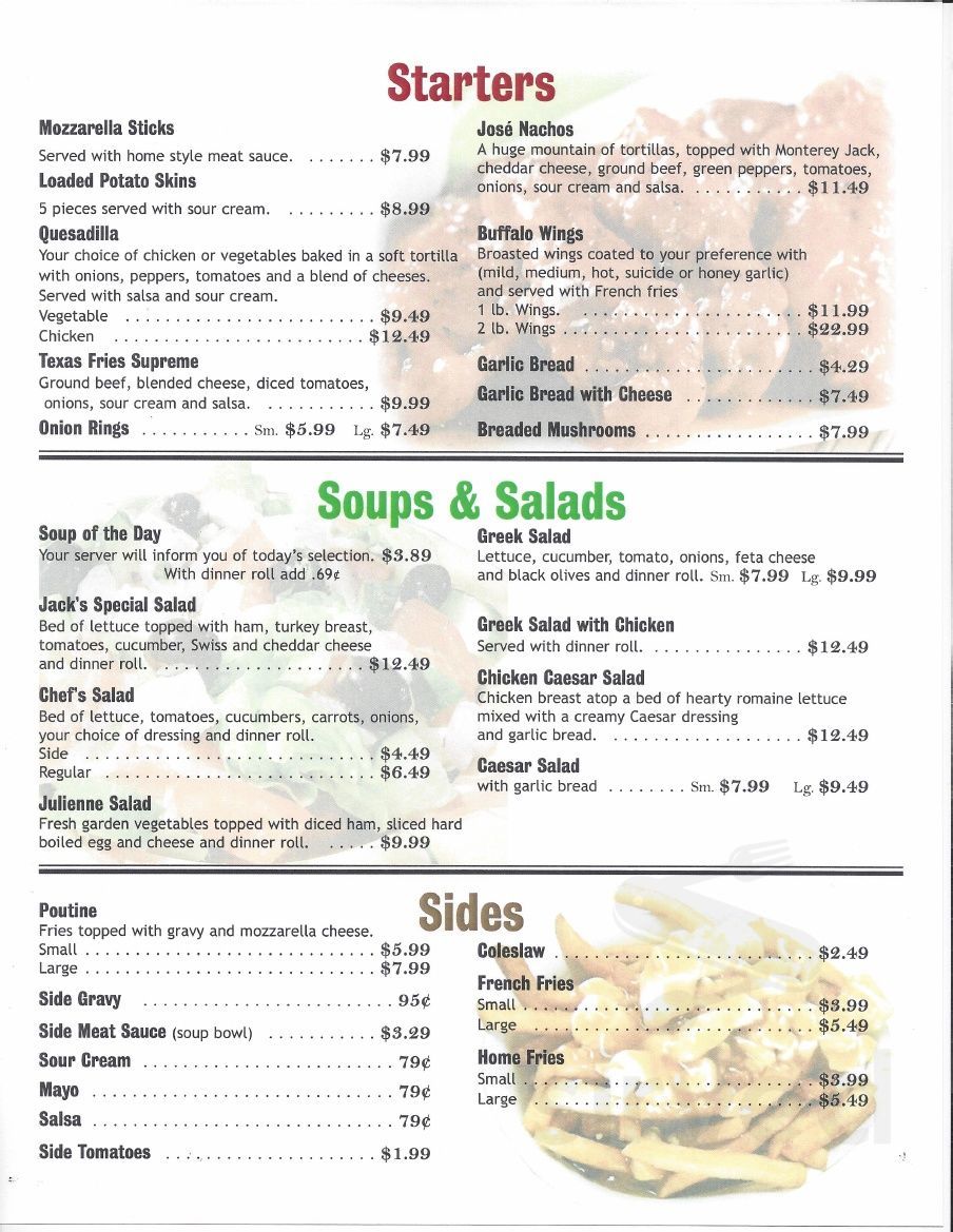 Jack's Family Restaurant menus in Blenheim, Ontario, Canada