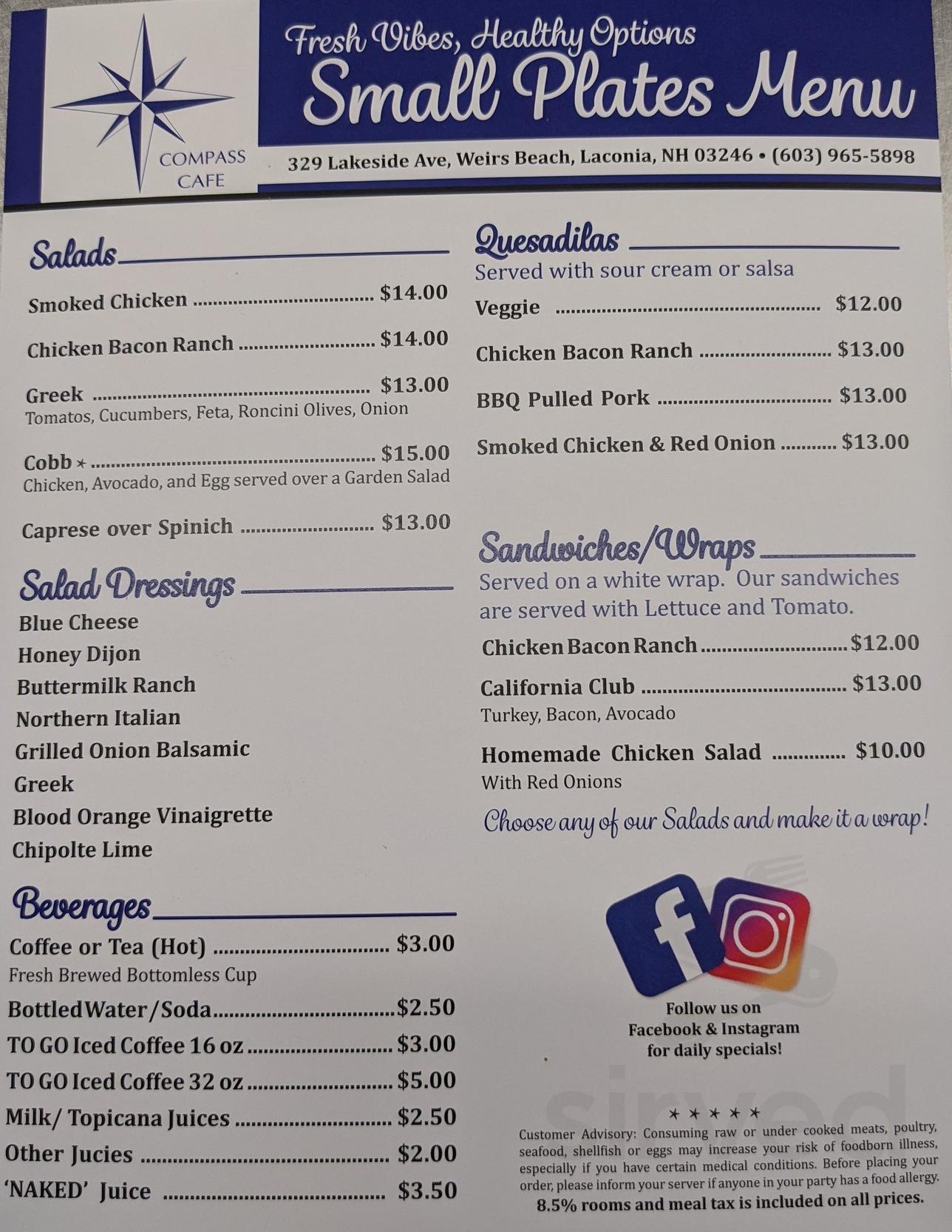 Menu for Compass Cafe in Weirs Beach in Laconia, NH | Sirved