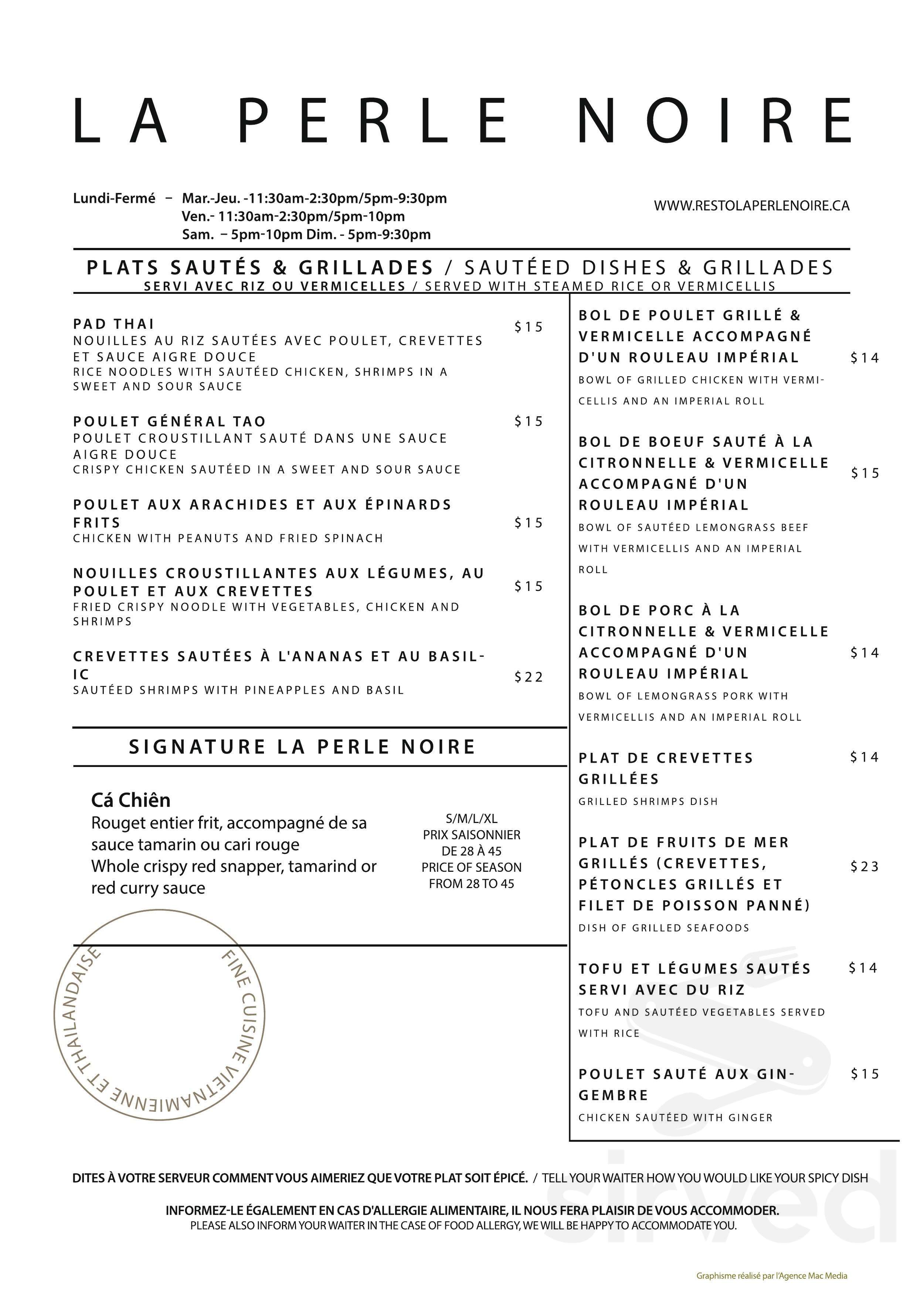 Menu - Greenfield Park QC's La Perle Noire | Sirved