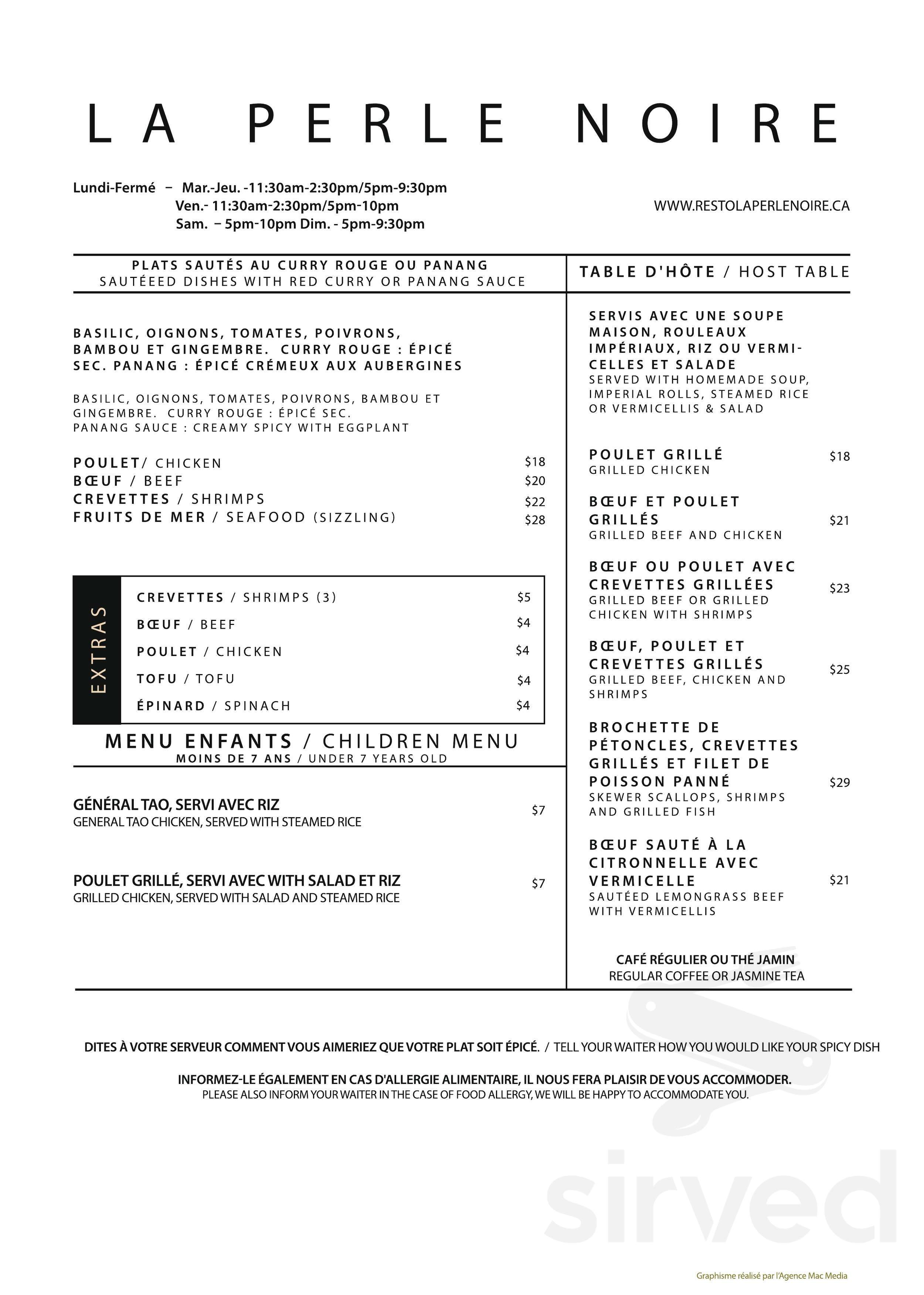 Menu - Greenfield Park QC's La Perle Noire | Sirved