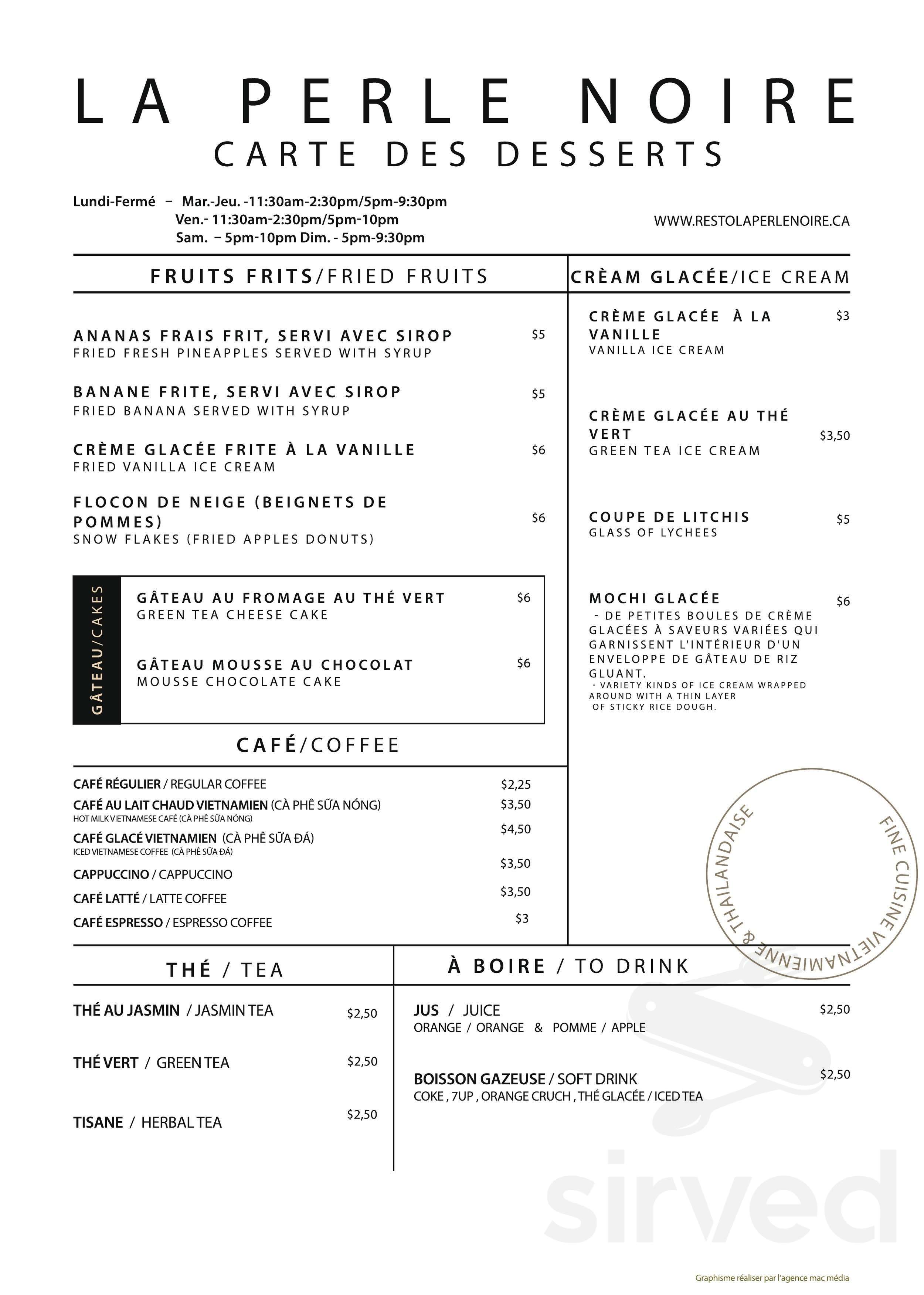 Menu - Greenfield Park QC's La Perle Noire | Sirved