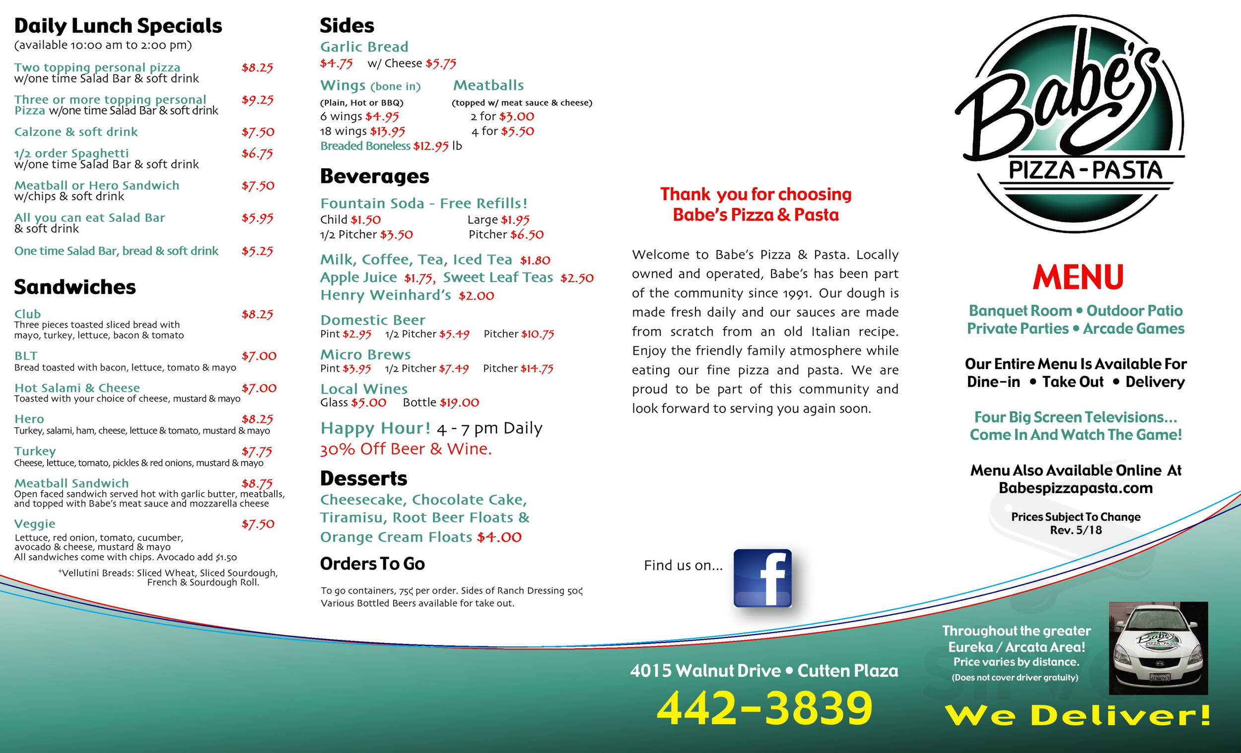 Babe's Pizza & Pasta menus in Eureka, California, United States