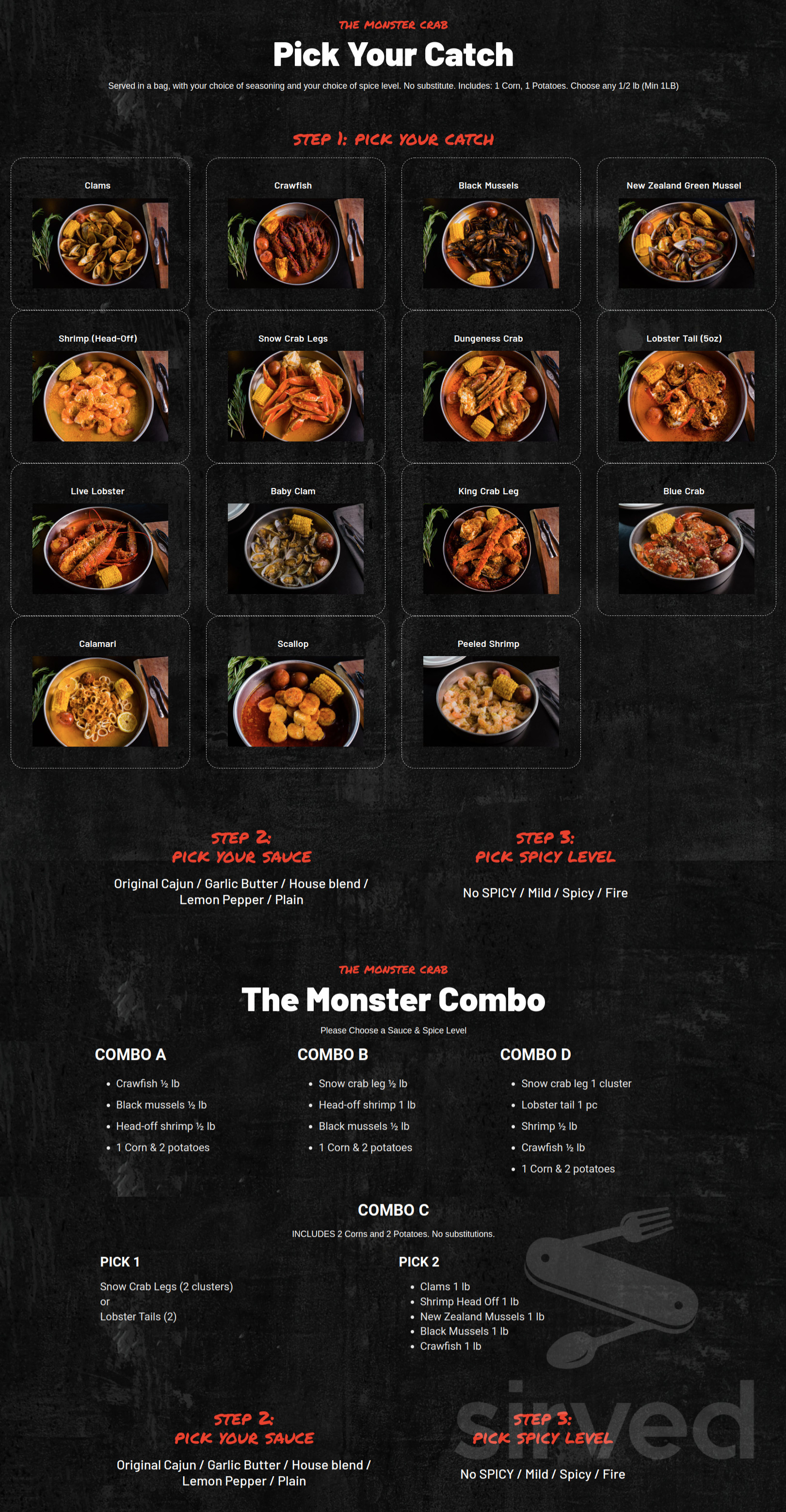 The Monster Crab Juicy Seafood & Bar menu in Holtsville, New York, USA
