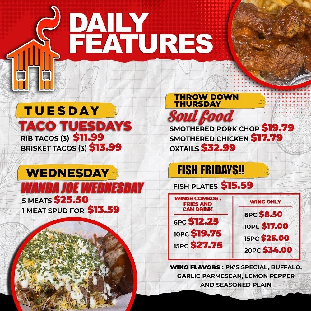 Menu - Plano TX's PK's Smokehouse & Soul Food | Sirved