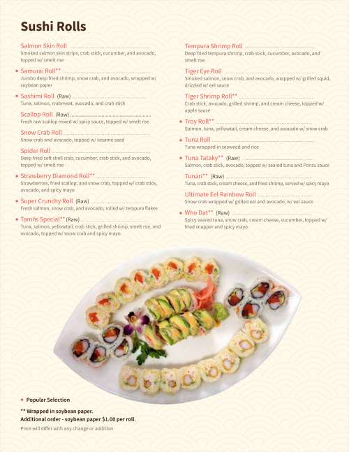 Samurai Sushi Bar menu in Lafayette, Louisiana, USA