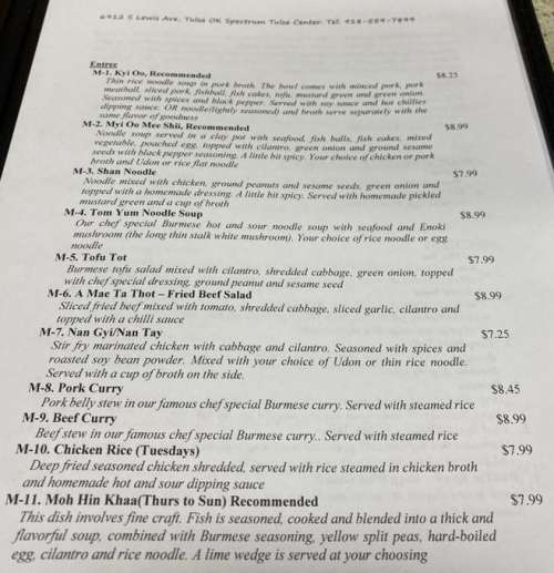 KAI Burmese Cuisine menu in Tulsa, Oklahoma, USA