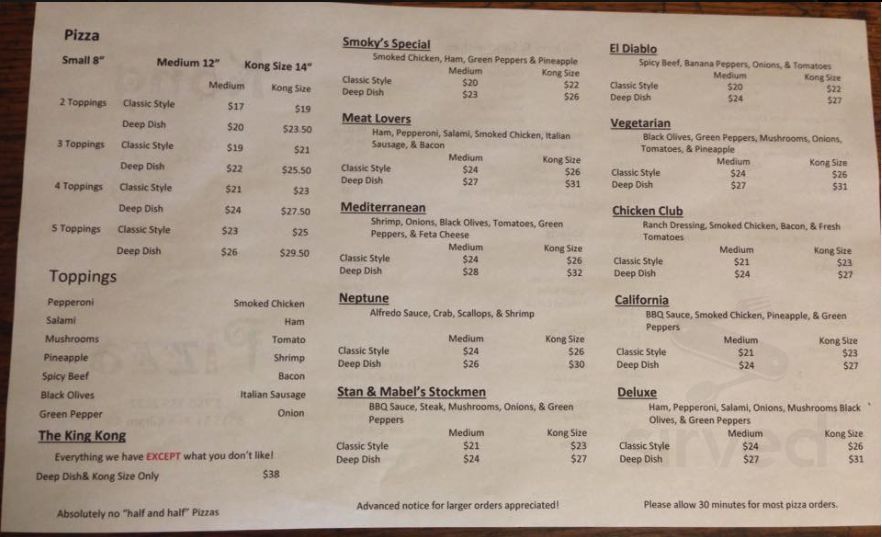 Kong Pizza menu in Killam, Alberta, Canada