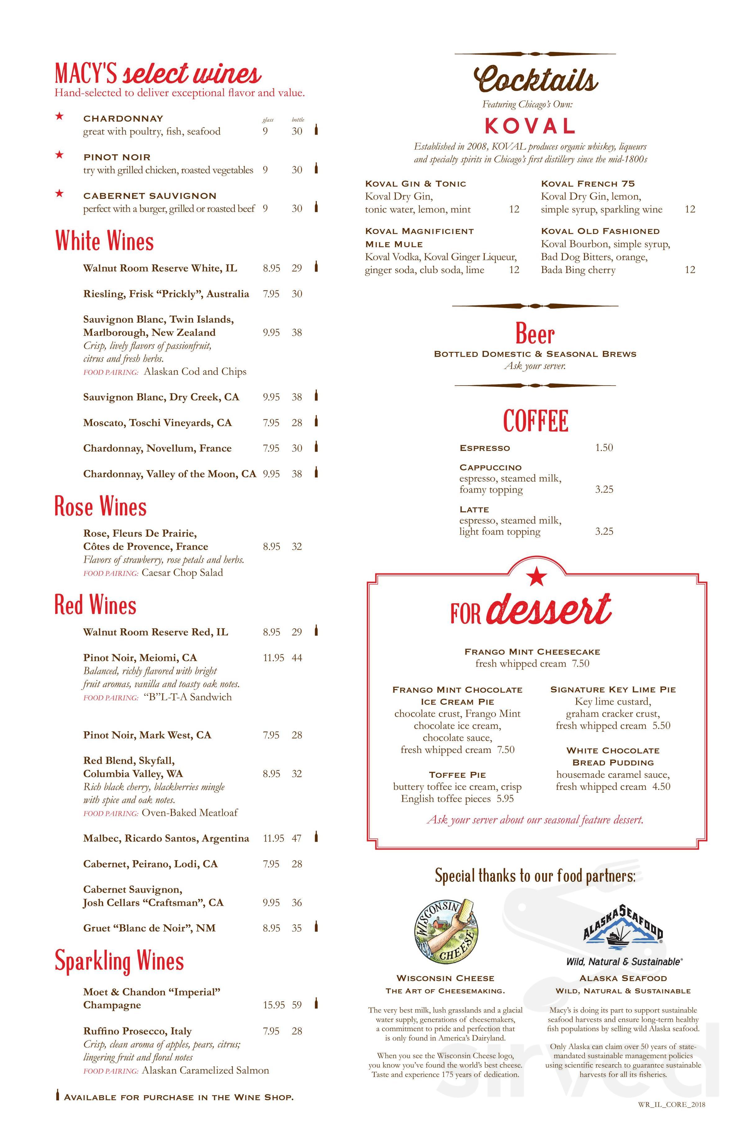 The Walnut Room menu in Chicago, Illinois, USA