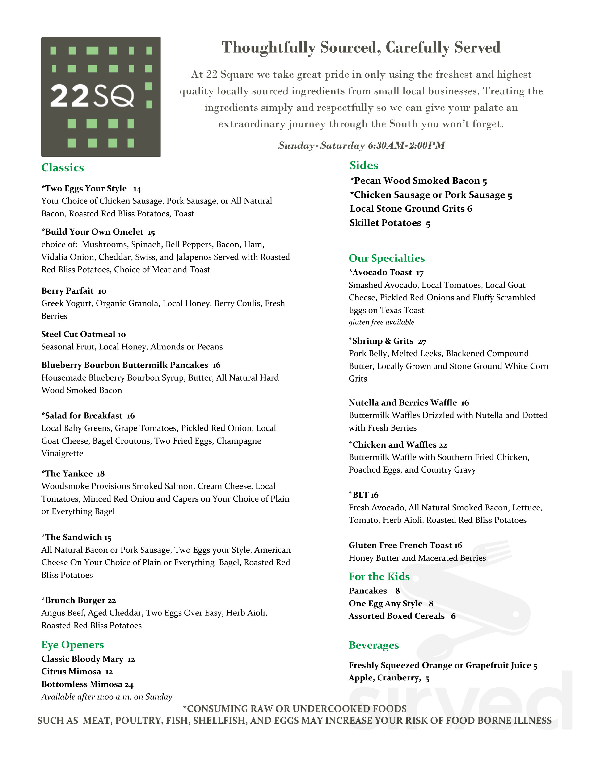 Menu for 22 Square Restaurant & Bar in Savannah, GA | Sirved