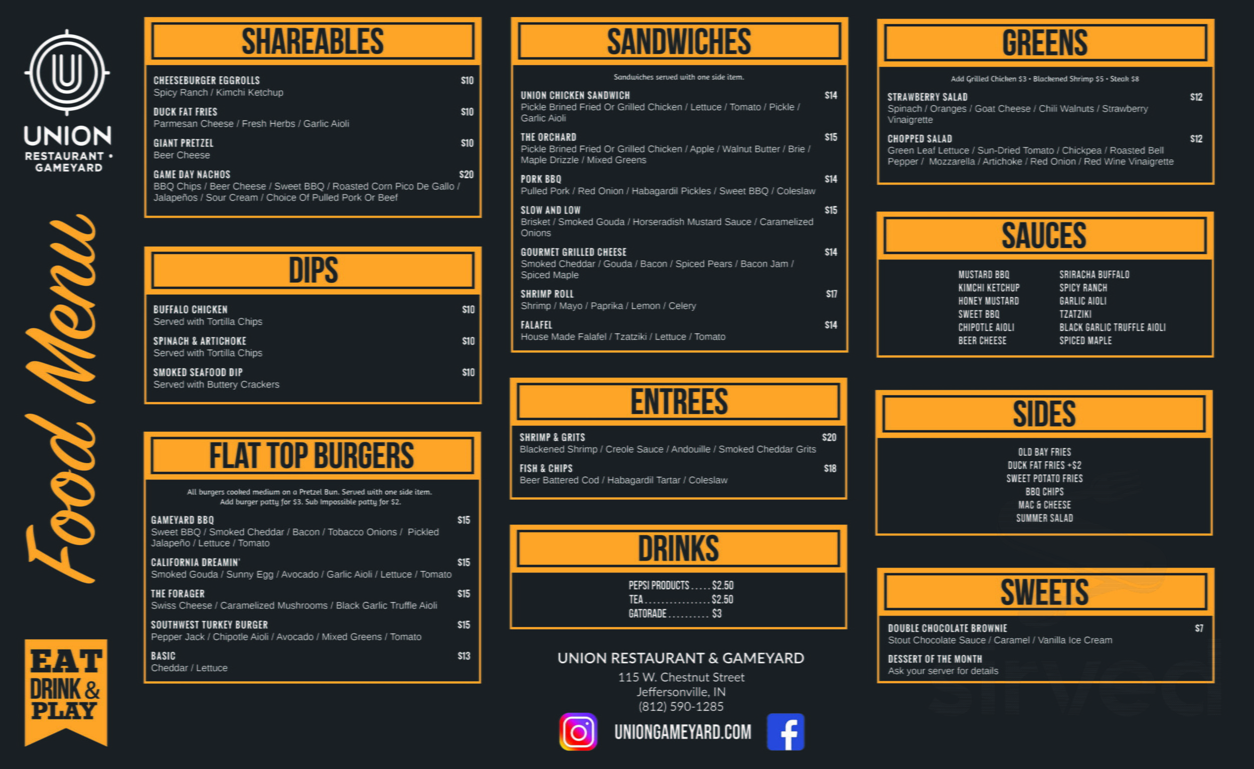 Union Restaurant & Gameyard menu in Jeffersonville, Indiana, USA