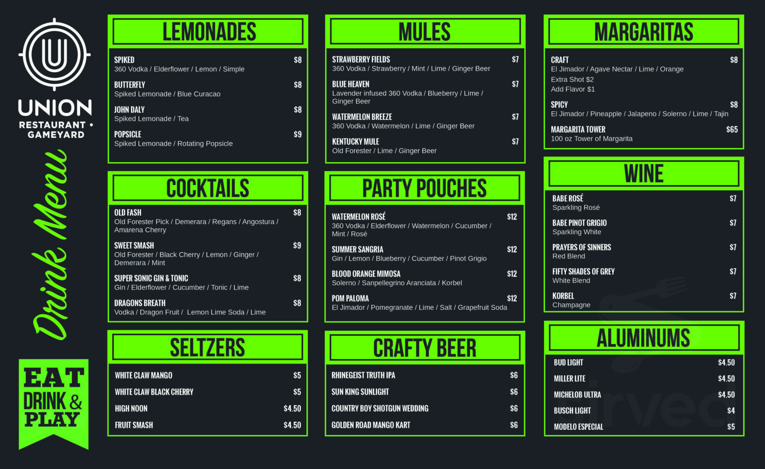 Union Restaurant & Gameyard menu in Jeffersonville, Indiana, USA