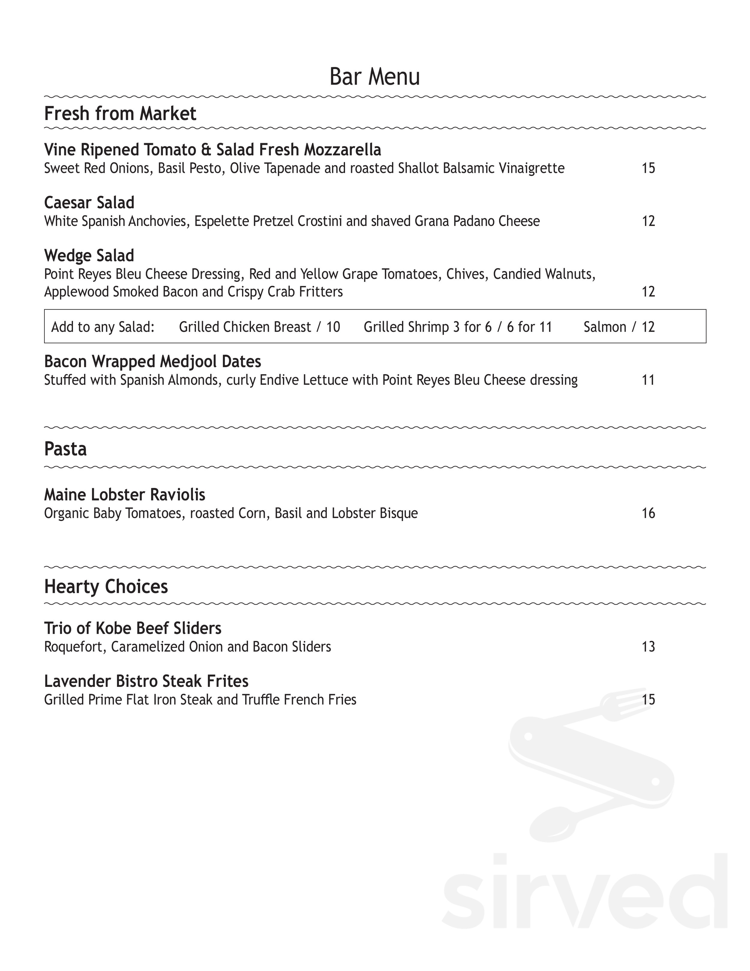 Menu for Lavender Bistro in La Quinta, CA | Sirved