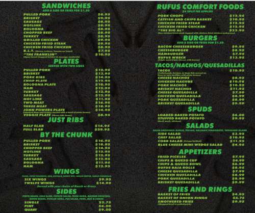 Rufus Bar and Grill menu in Fort Worth, Texas, USA