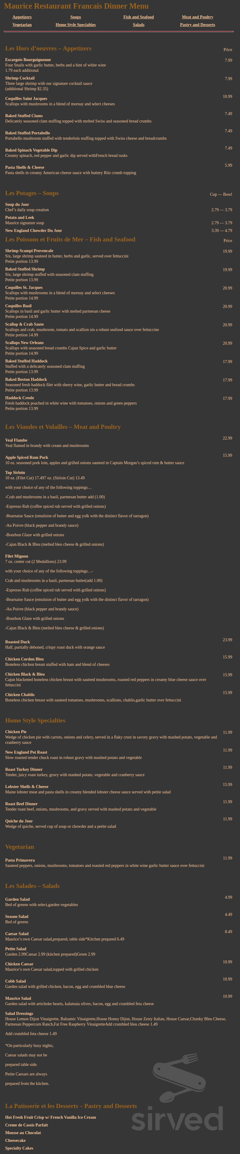 Maurice menu in South Paris, Maine, USA