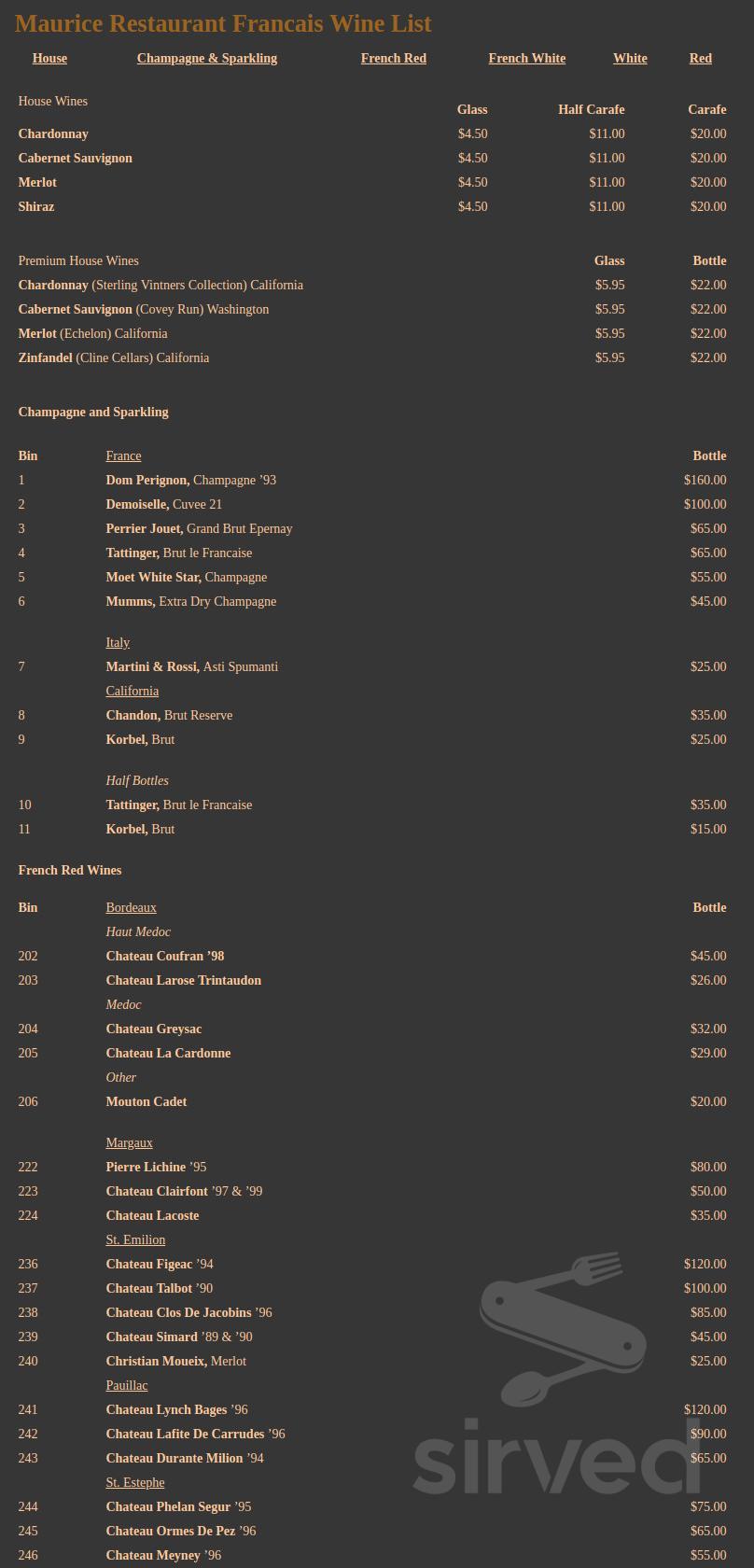 Maurice menu in South Paris, Maine, USA