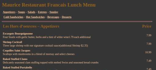 Menu for Maurice in South Paris, ME | Sirved