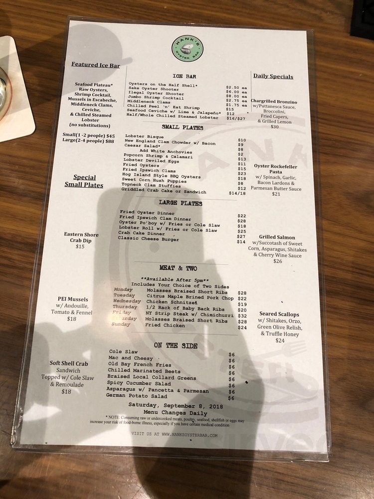 Hank's Oyster Bar menus in 701 Wharf St SW, Washington, United States