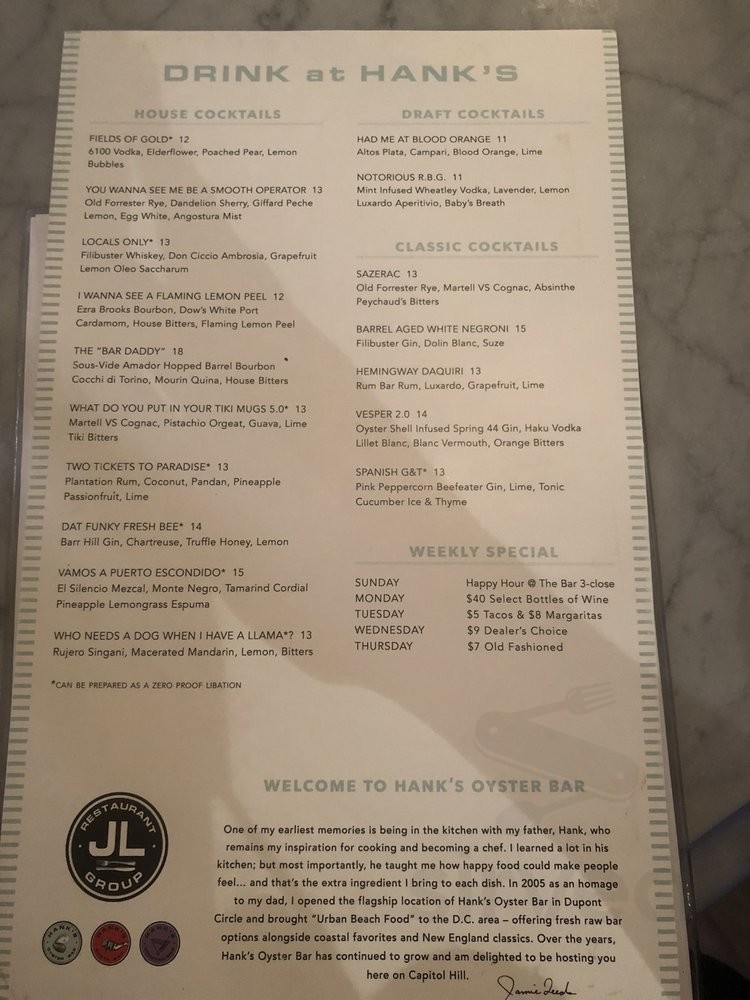 Menu - Alexandria VA's Hank's Oyster Bar | Sirved