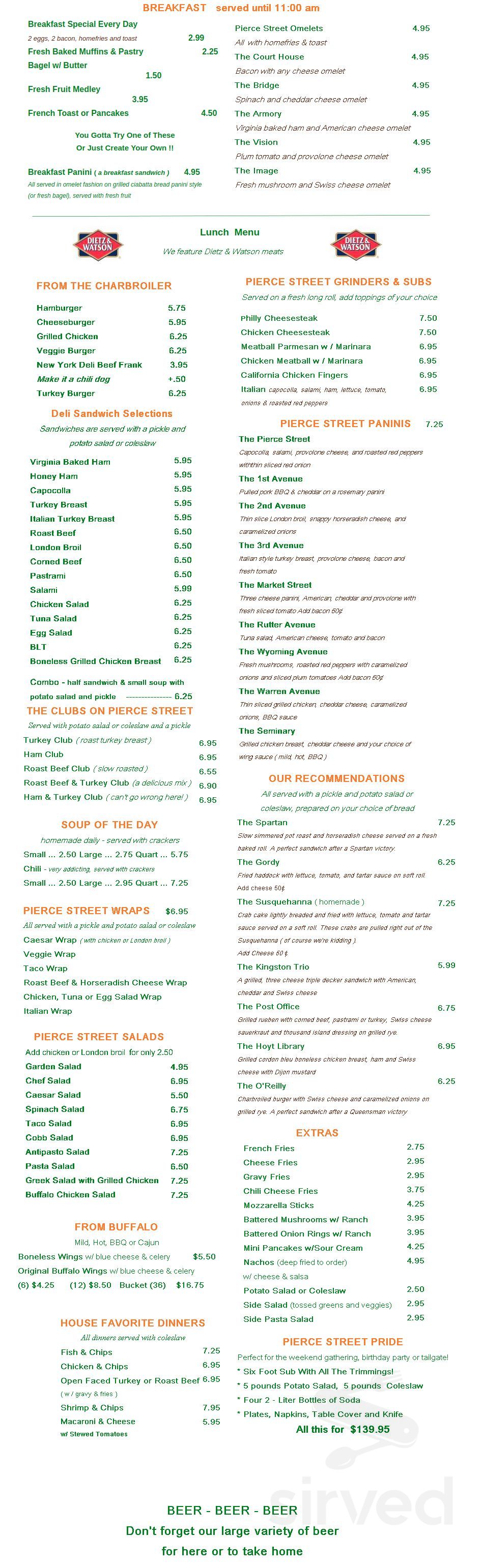 Menu for Pierce Street Deli in Kingston, PA | Sirved