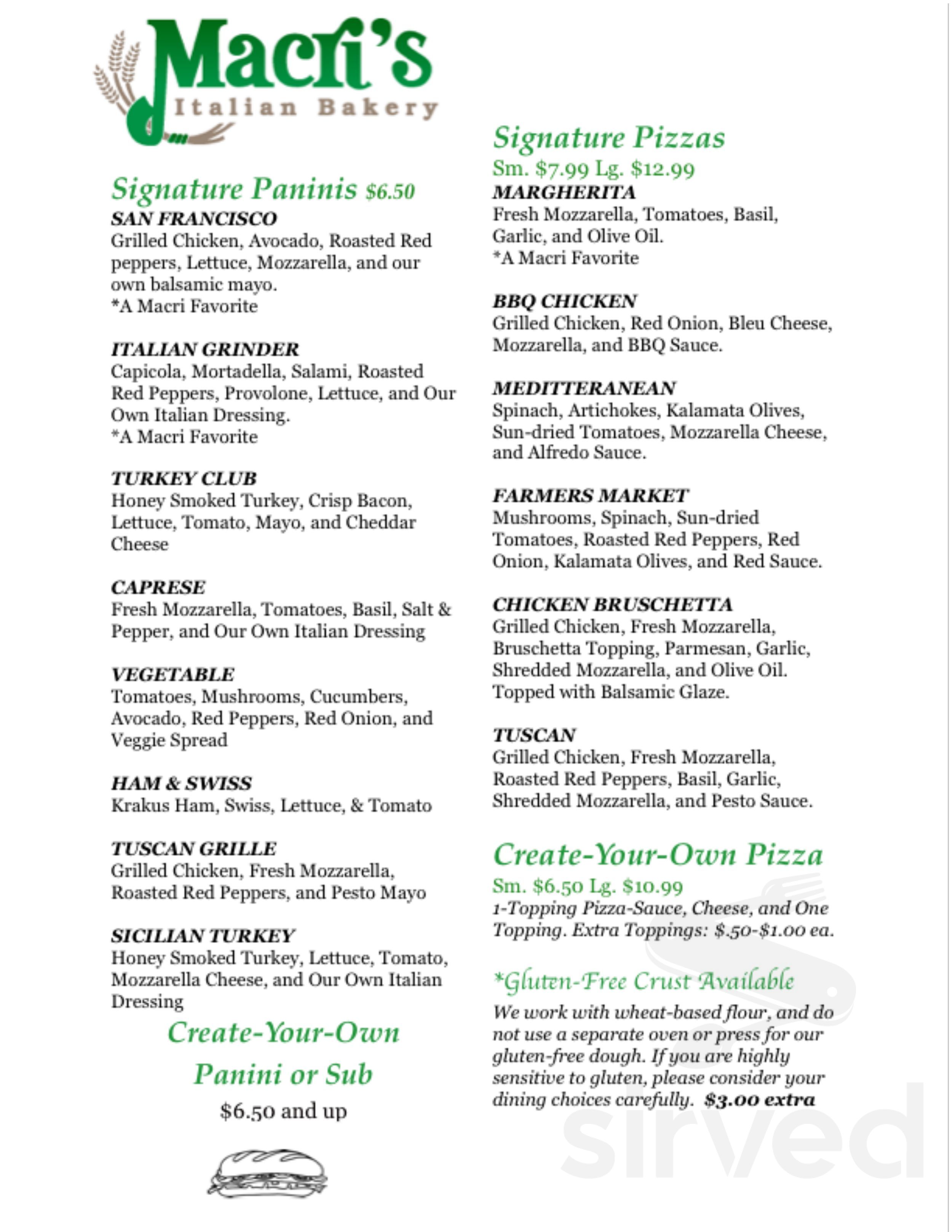Macri's Italian Bakery menu in South Bend, Indiana, USA