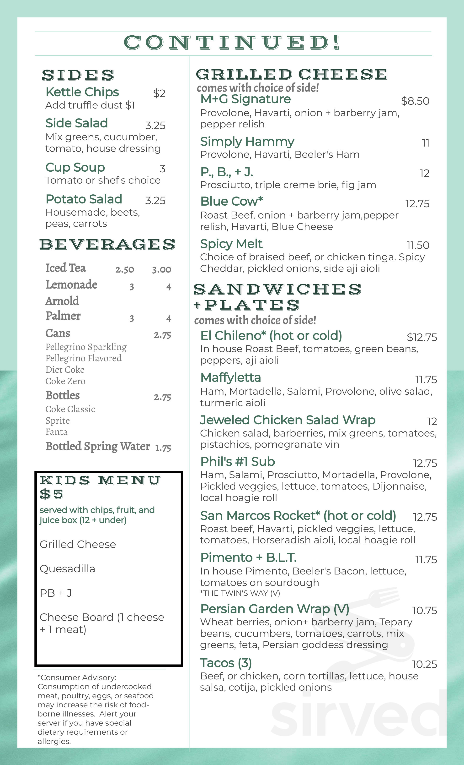 Menu - Chandler AZ's Mingle + Graze | Sirved