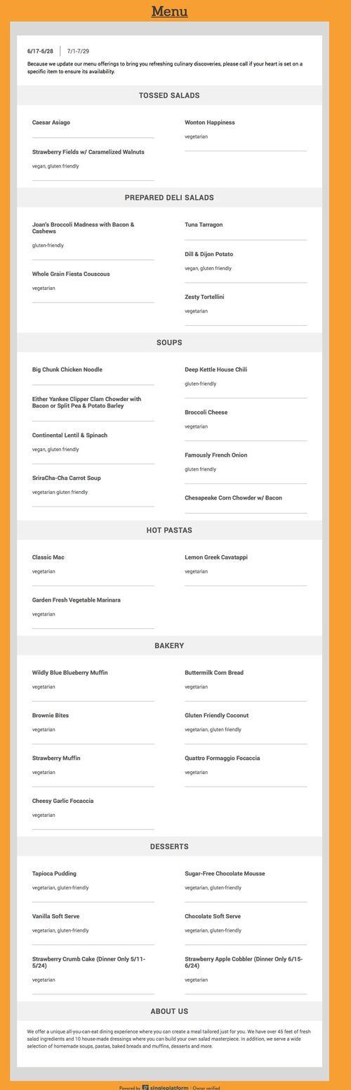 Sweet Tomatoes menu in Houston, Texas, USA