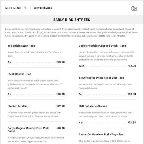 Cody's Original Roadhouse - Brownwood menu in The Villages, Florida, USA