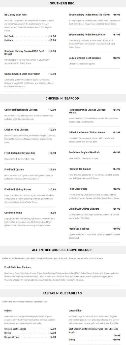 Cody's Original Roadhouse - Brownwood menu in The Villages, Florida, USA