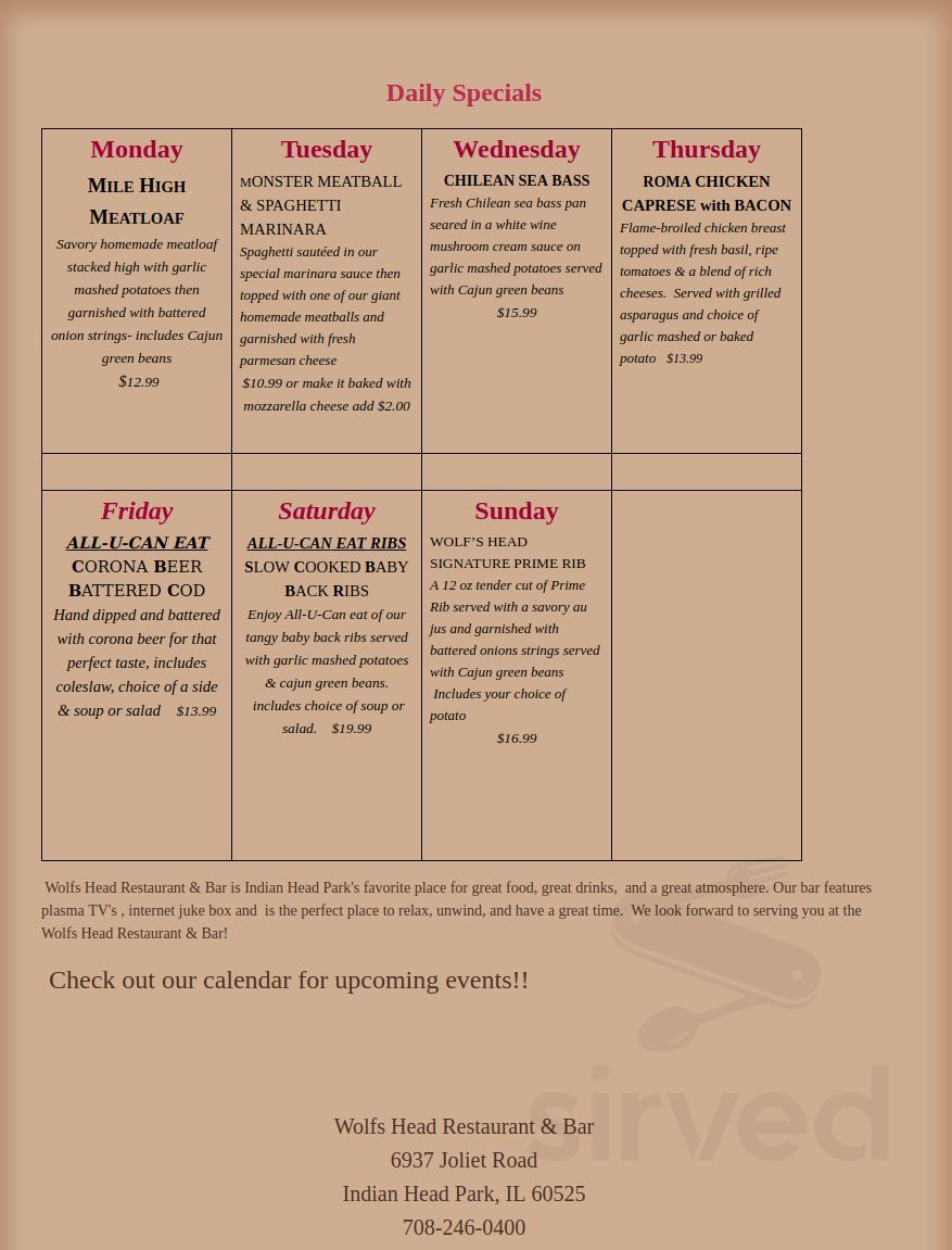 Menu for Wolfs Head Restaurant & Bar in Indian Head Park, IL | Sirved