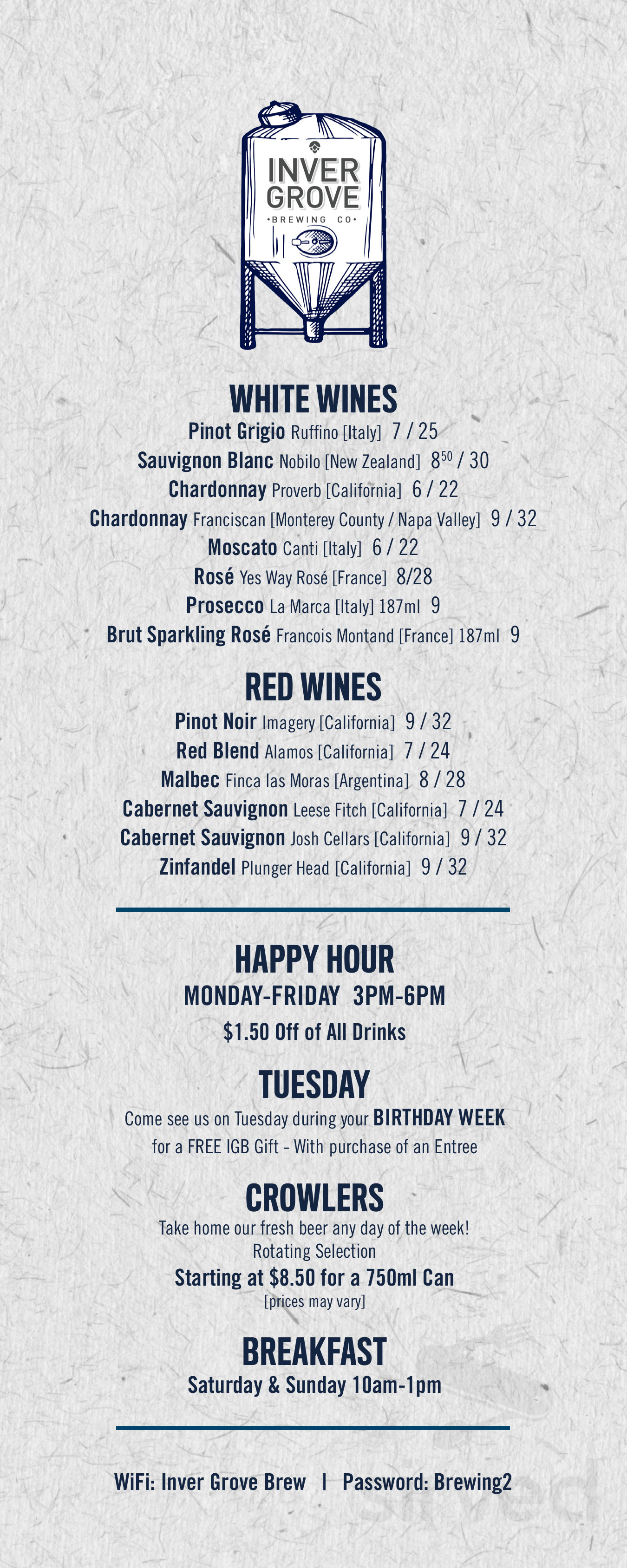 Menu for Inver Grove Brewing Co in Inver Grove Heights, MN | Sirved