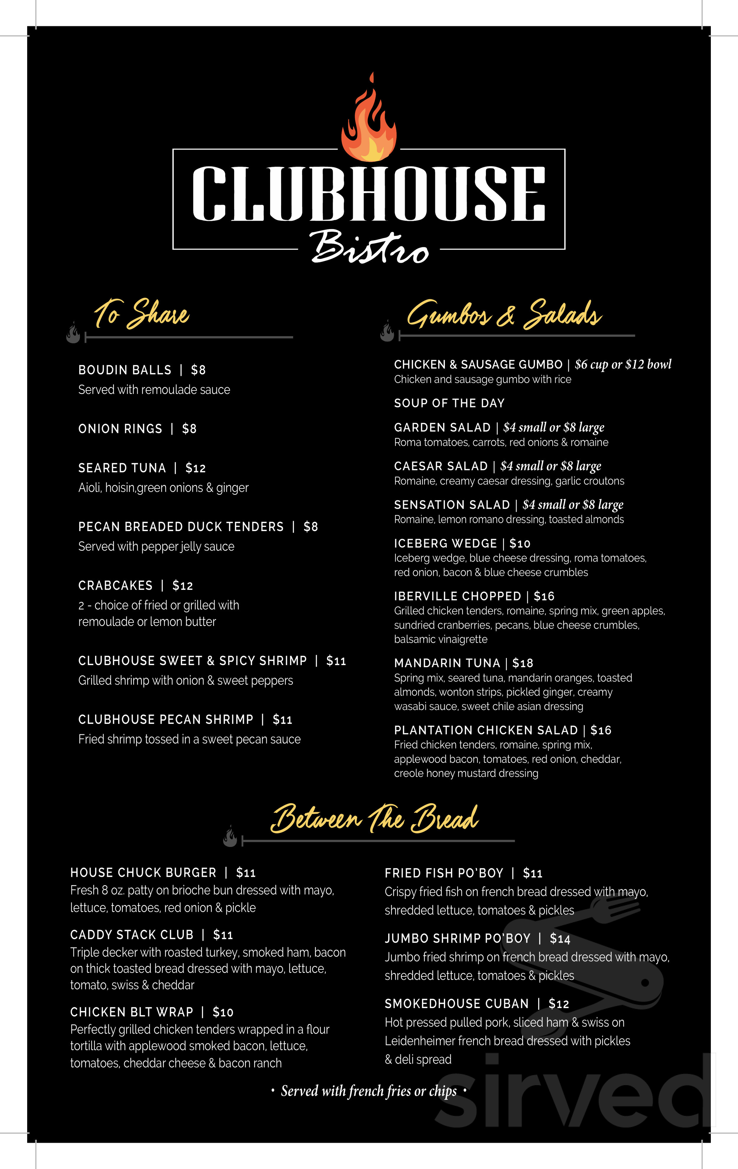 Clubhouse Bistro menu in Plaquemine, Louisiana, USA