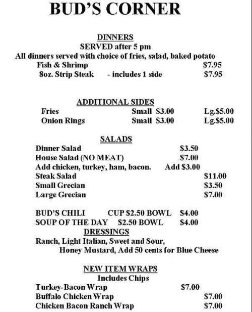 Bud's Corner menu in Louisville, Ohio, USA