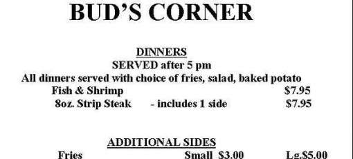 Menu for Bud's Corner in Louisville, OH | Sirved