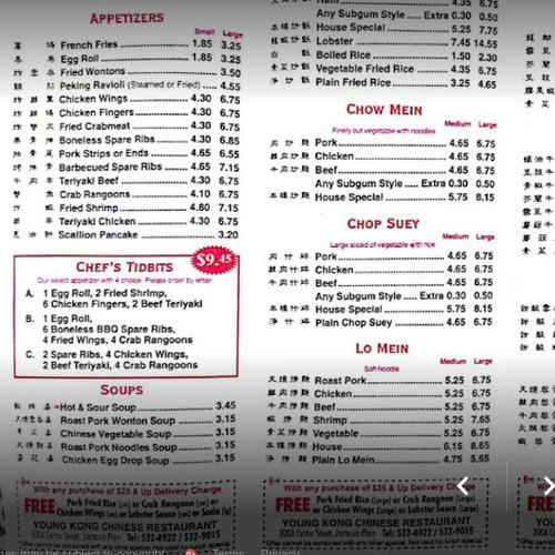 Young kong menu in Jamaica Plain, Massachusetts, USA
