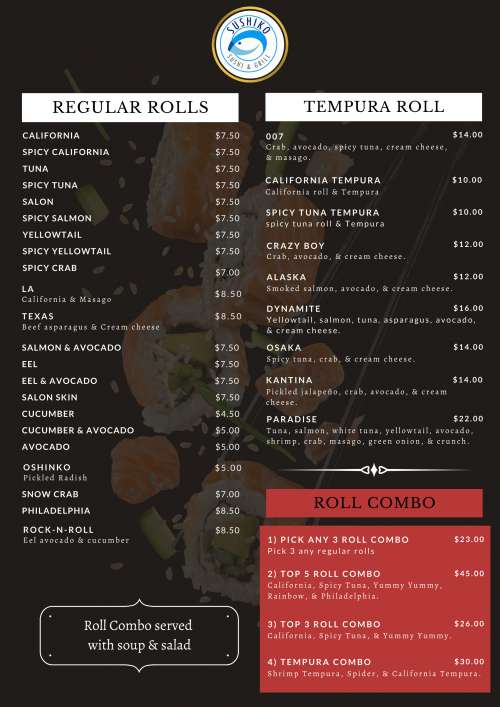 Sushiko menu in Bossier City, Louisiana, USA