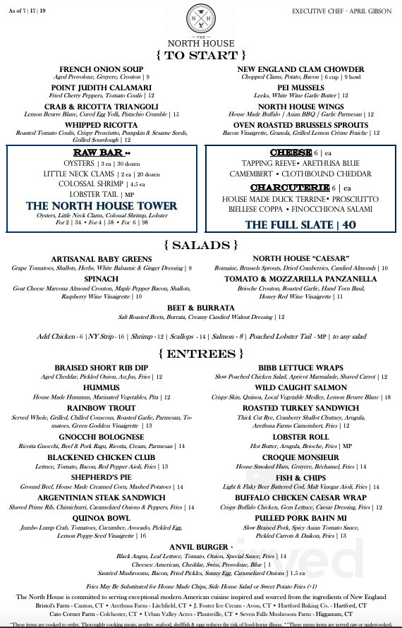 The North House menu in Avon, Connecticut, USA
