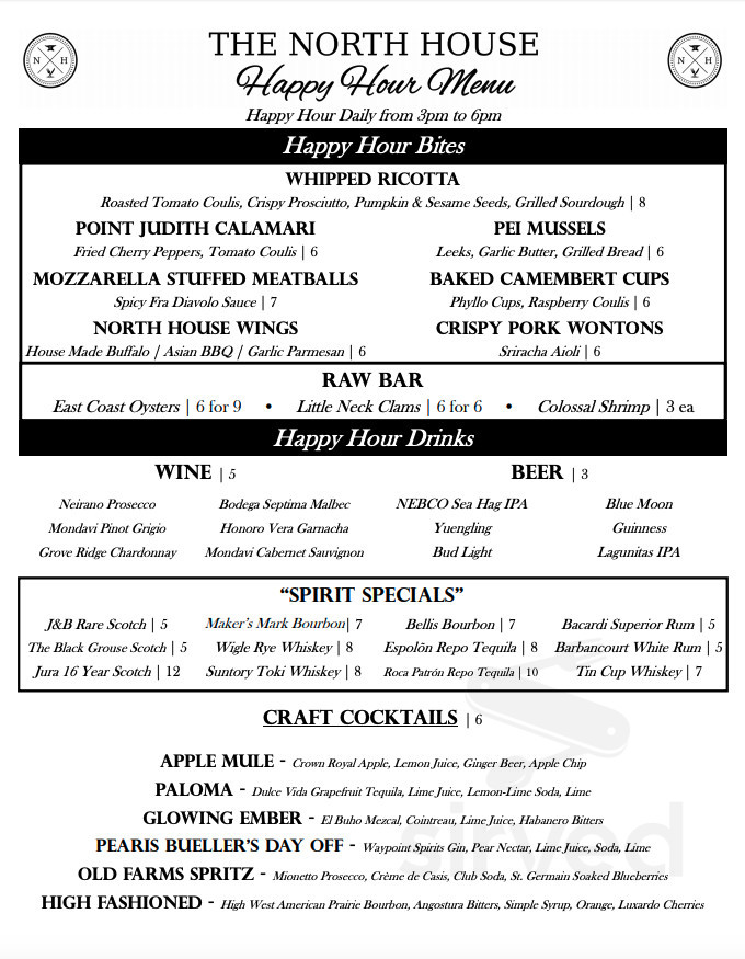 The North House menu in Avon, Connecticut, USA