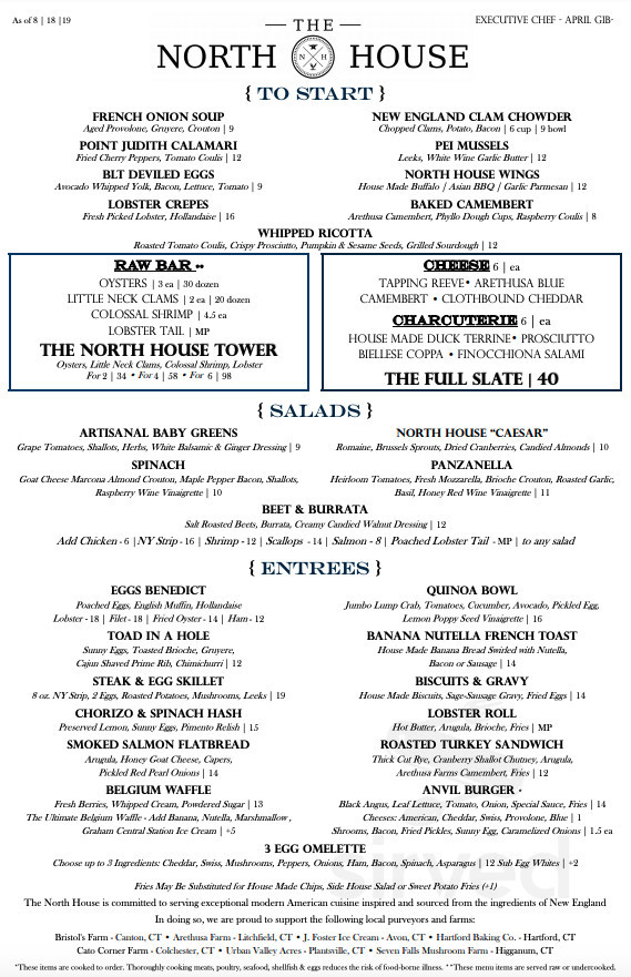 The North House menu in Avon, Connecticut, USA