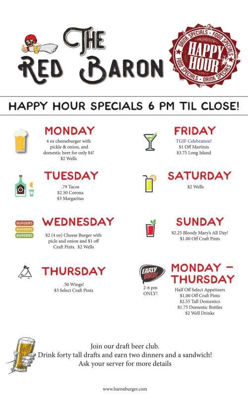 The Red Baron menu in Burton, Michigan, USA