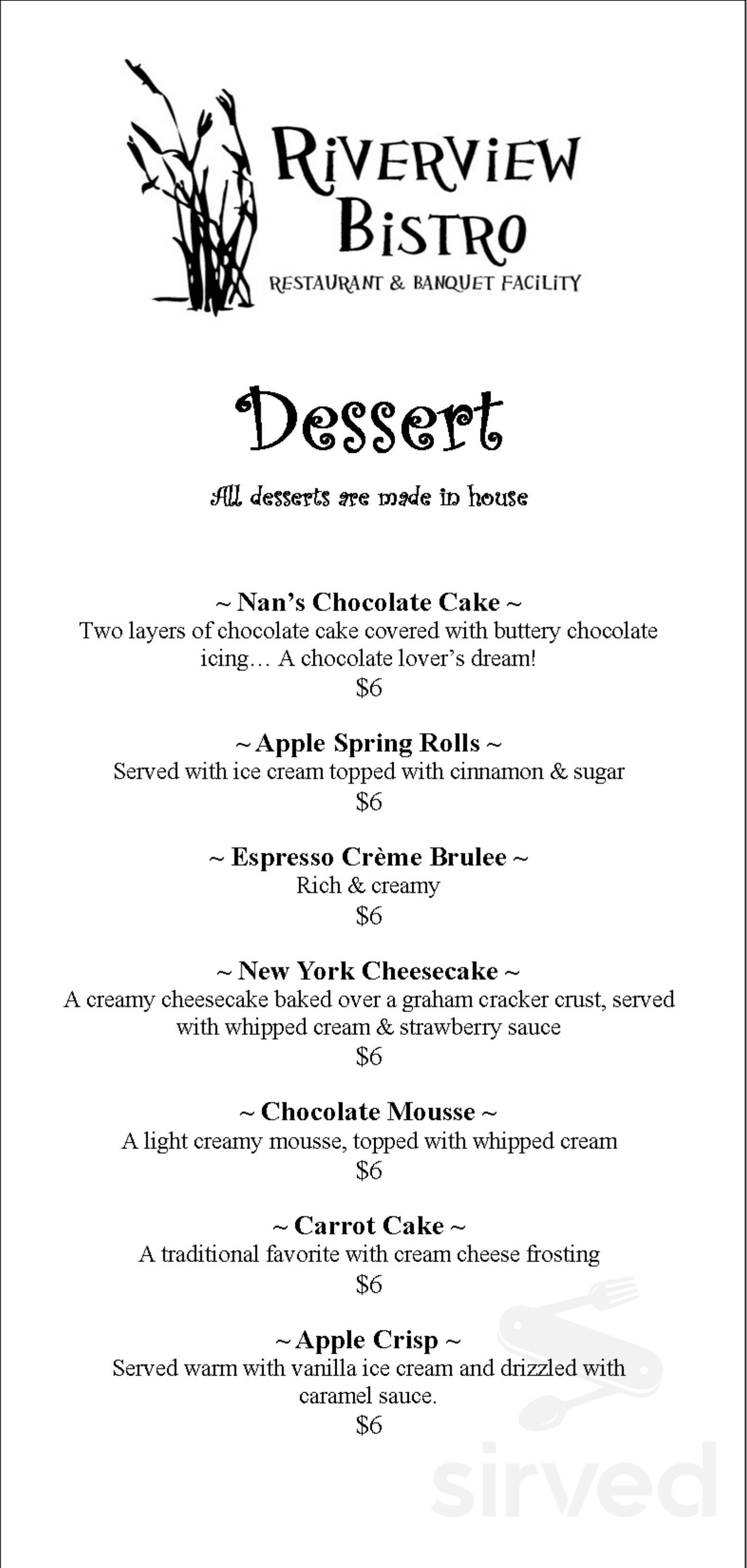 Riverview Bistro Restaurant & Banquet Facility menus in Stratford ...