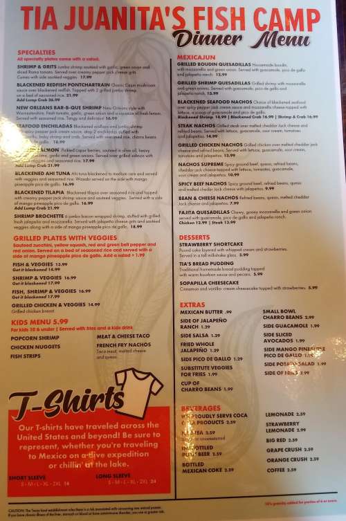 Tia Juanitas Fish Camp menu in Lumberton, Texas, USA