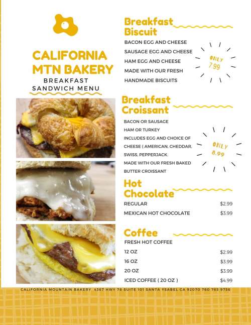 California Mountain Bakery menu in Santa Ysabel, California, USA