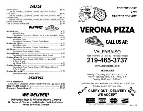 Verona Pizza menu in Valparaiso, Indiana, USA