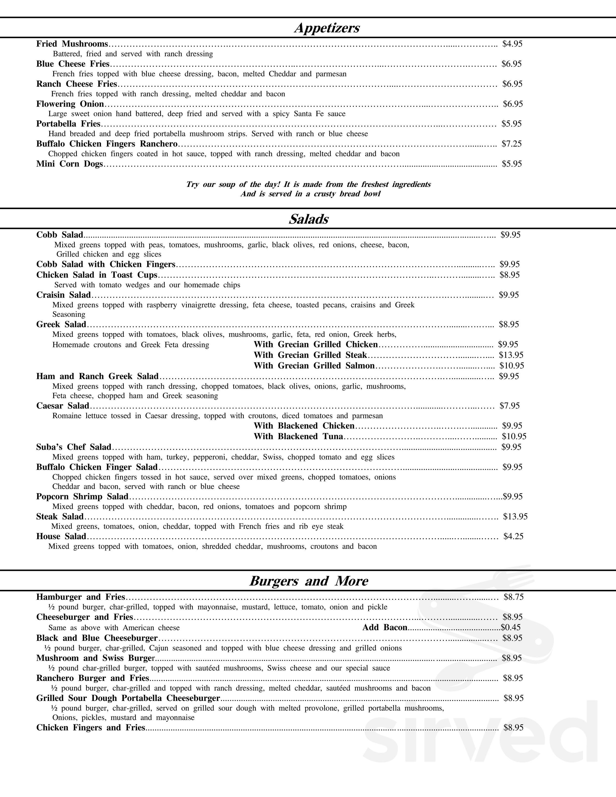 Suba's Restaurant menu in Mountain City, Tennessee, USA