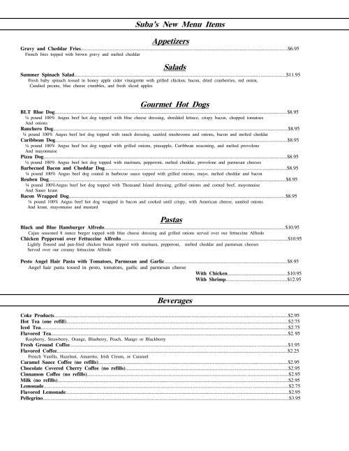 Suba's Restaurant menu in Mountain City, Tennessee, USA