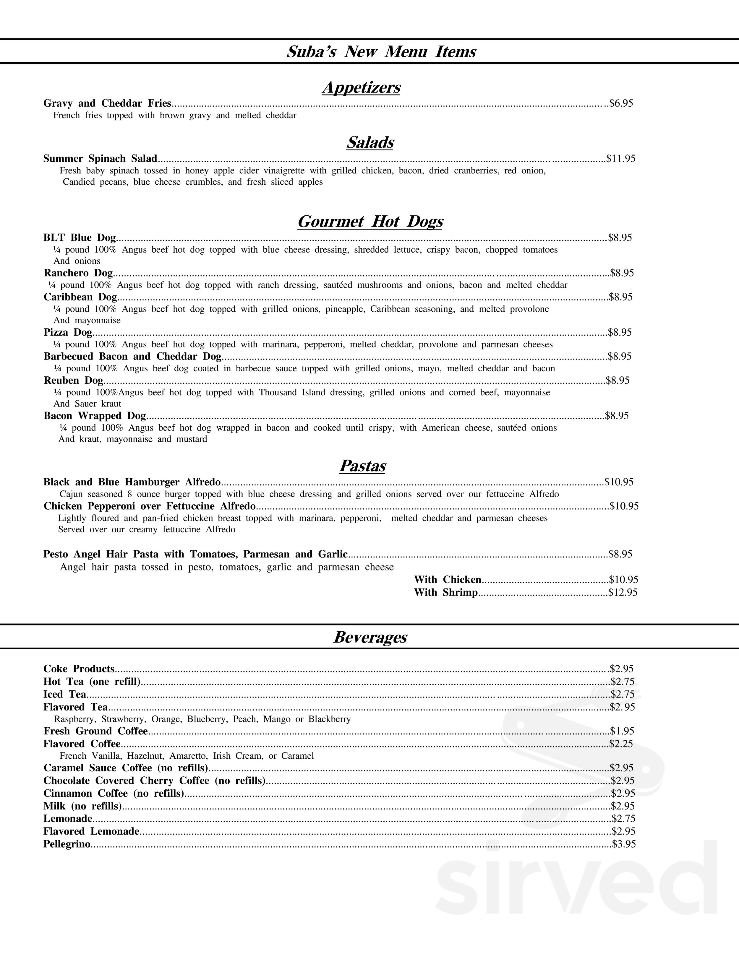 Suba's Restaurant menu in Mountain City, Tennessee, USA