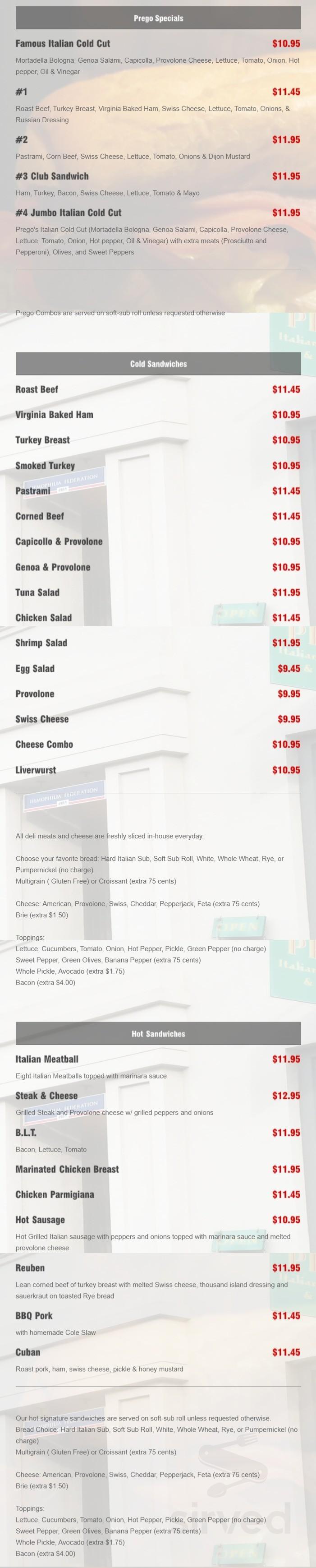 Prego Deli menu in Washington, Washington D.C, USA