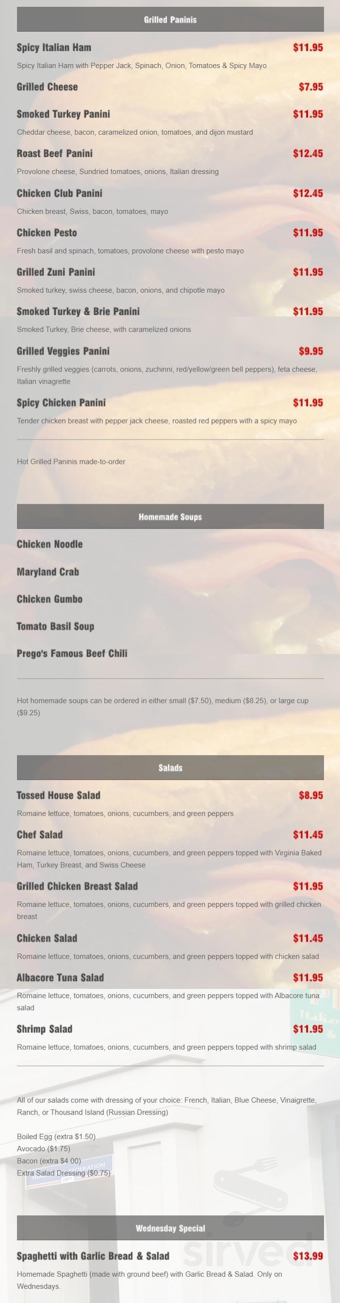 Prego Deli menu in Washington, Washington D.C, USA